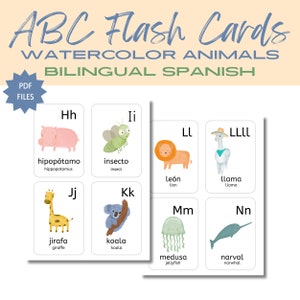 Printable ABC Alphabet Watercolor Animal Flash Cards BILINGUAL | Kids ...