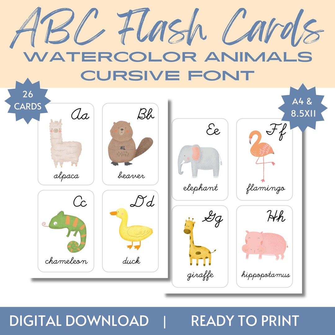 Printable ABC Alphabet Watercolor Animal Flash Cards in CURSIVE Kids A ...
