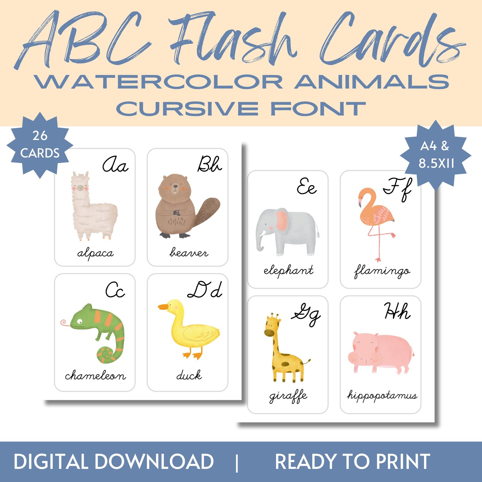Printable ABC Alphabet Watercolor Animal Flash Cards in CURSIVE | Kids ...