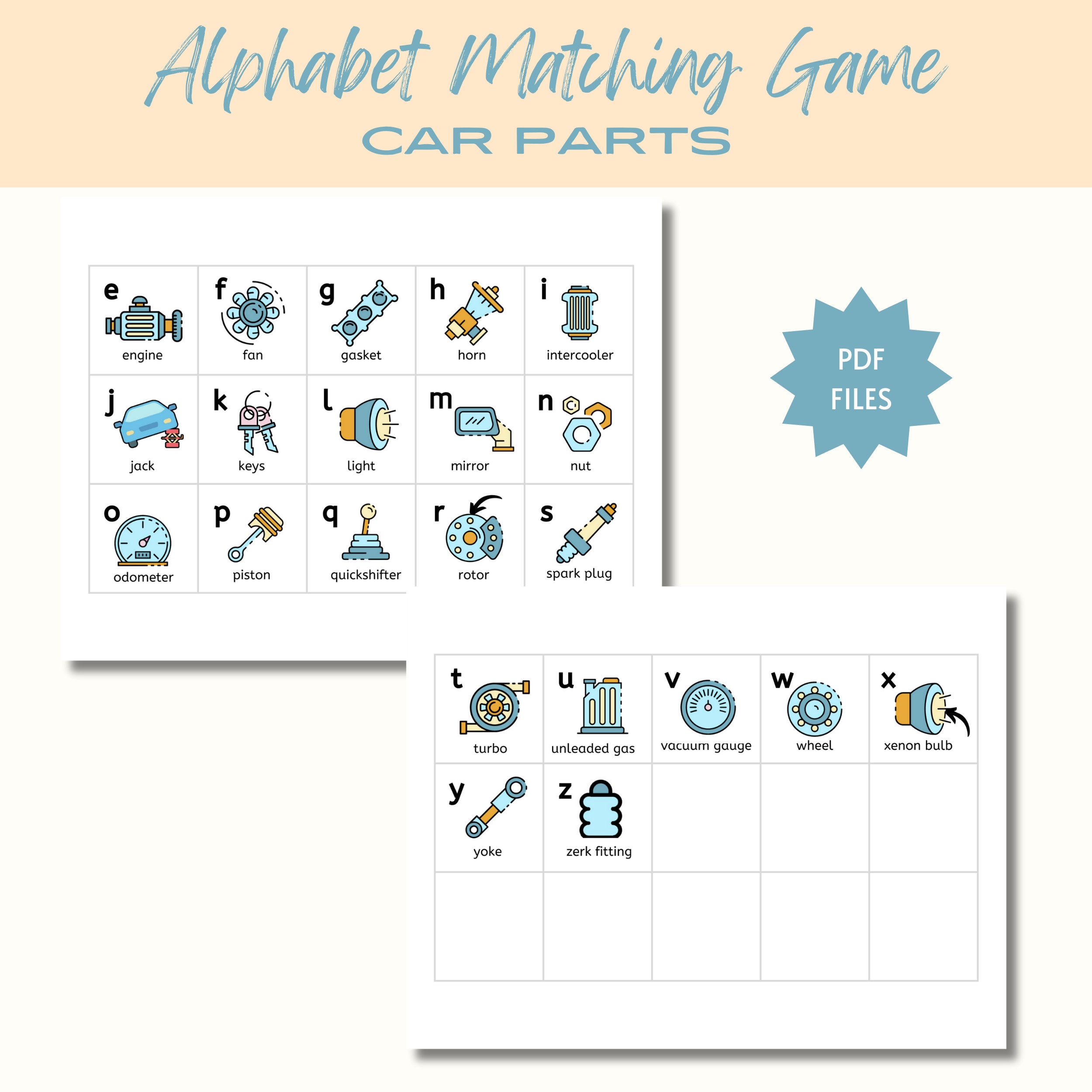 PRINTABLE ABC Alphabet Car Parts Matching Memory Game | Kids | A-Z ...