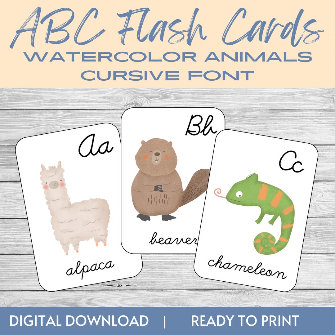 Printable ABC Alphabet Watercolor Animal Flash Cards in CURSIVE | Kids ...