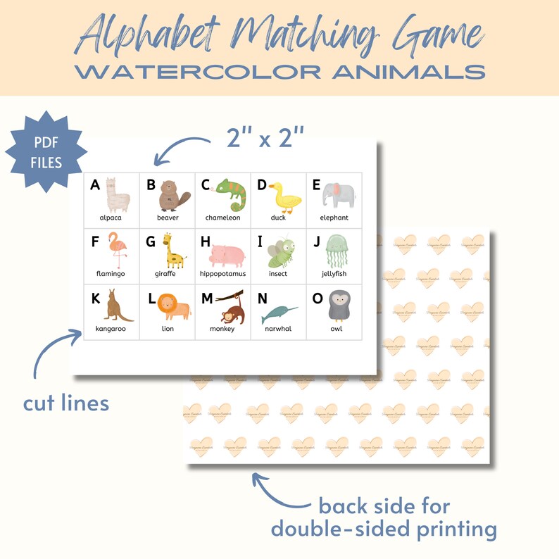 PRINTABLE ABC Alphabet Watercolor Animal Matching Memory Game | Kids ...