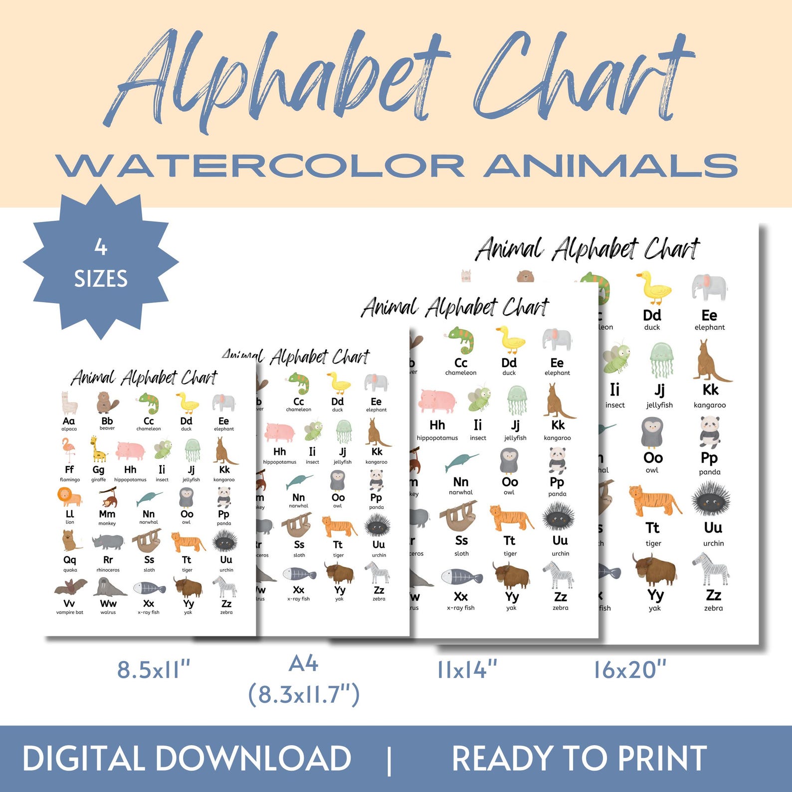 PRINTABLE Watercolor Animal Alphabet ABC Chart Poster | Kids | A-Z ...