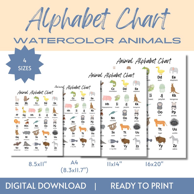 PRINTABLE Watercolor Animal Alphabet ABC Chart Poster | Kids | A-Z ...