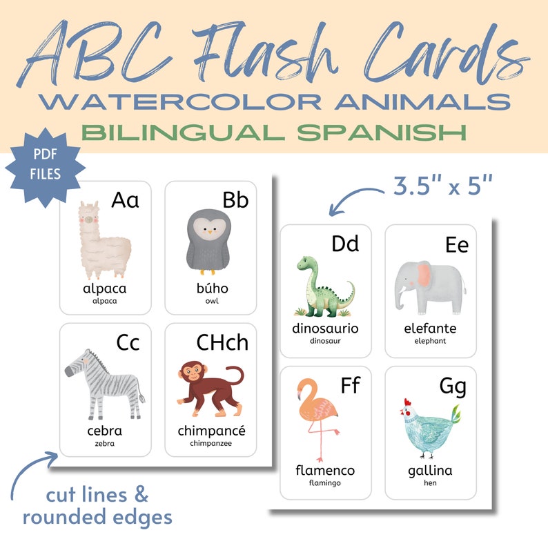 Printable ABC Alphabet Watercolor Animal Flash Cards BILINGUAL Kids A-Z ...