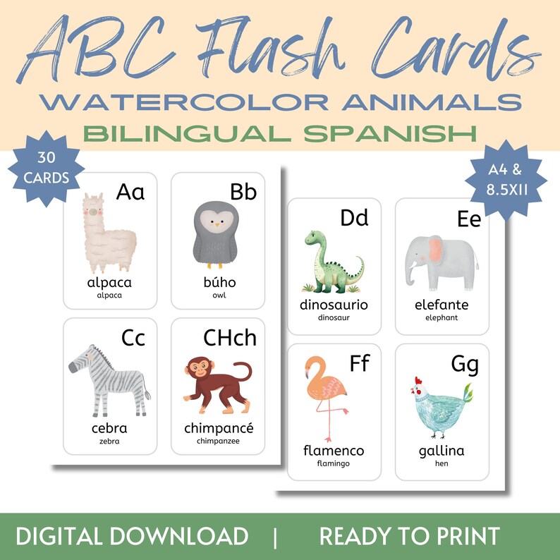 Printable ABC Alphabet Watercolor Animal Flash Cards BILINGUAL | Kids ...