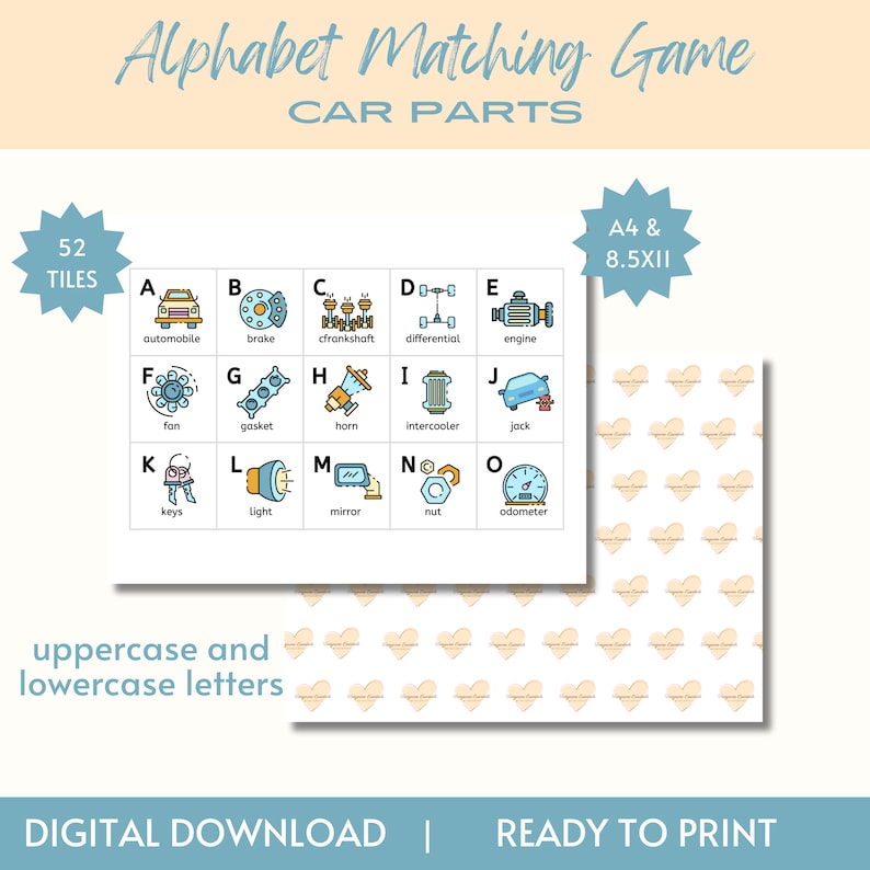 PRINTABLE ABC Alphabet Car Parts Matching Memory Game | Kids | A-Z ...