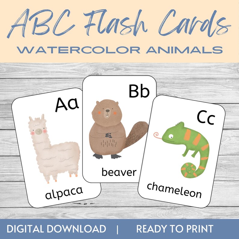 PRINTABLE ABC Alphabet Watercolor Animal Flash Cards | Kids | A-Z ...