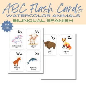 Printable ABC Alphabet Watercolor Animal Flash Cards BILINGUAL | Kids ...
