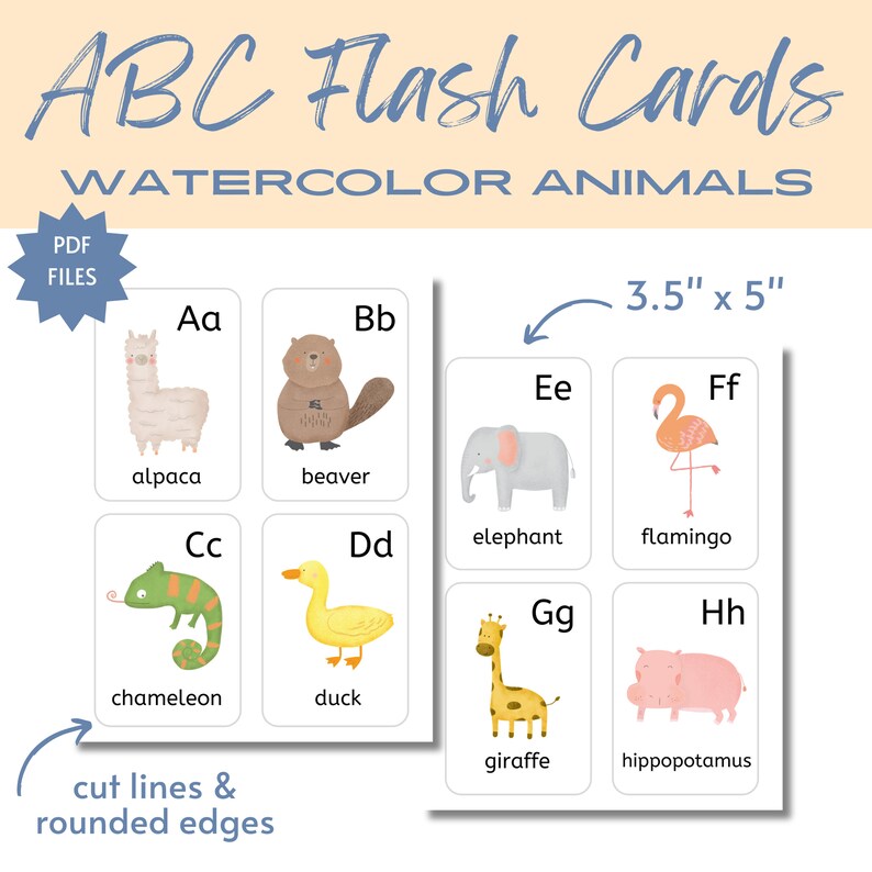 PRINTABLE ABC Alphabet Watercolor Animal Flash Cards | Kids | A-Z ...