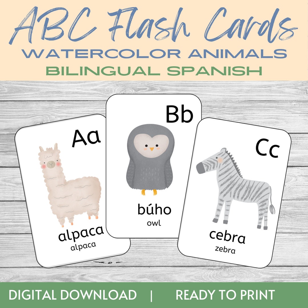 Printable ABC Alphabet Watercolor Animal Flash Cards BILINGUAL | Kids ...