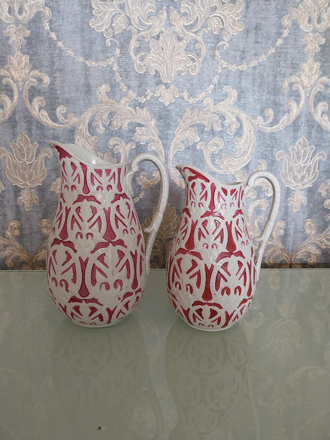 Pair of Victorian Raised Relief Jugs Pink and White Ceramic Pottery ...