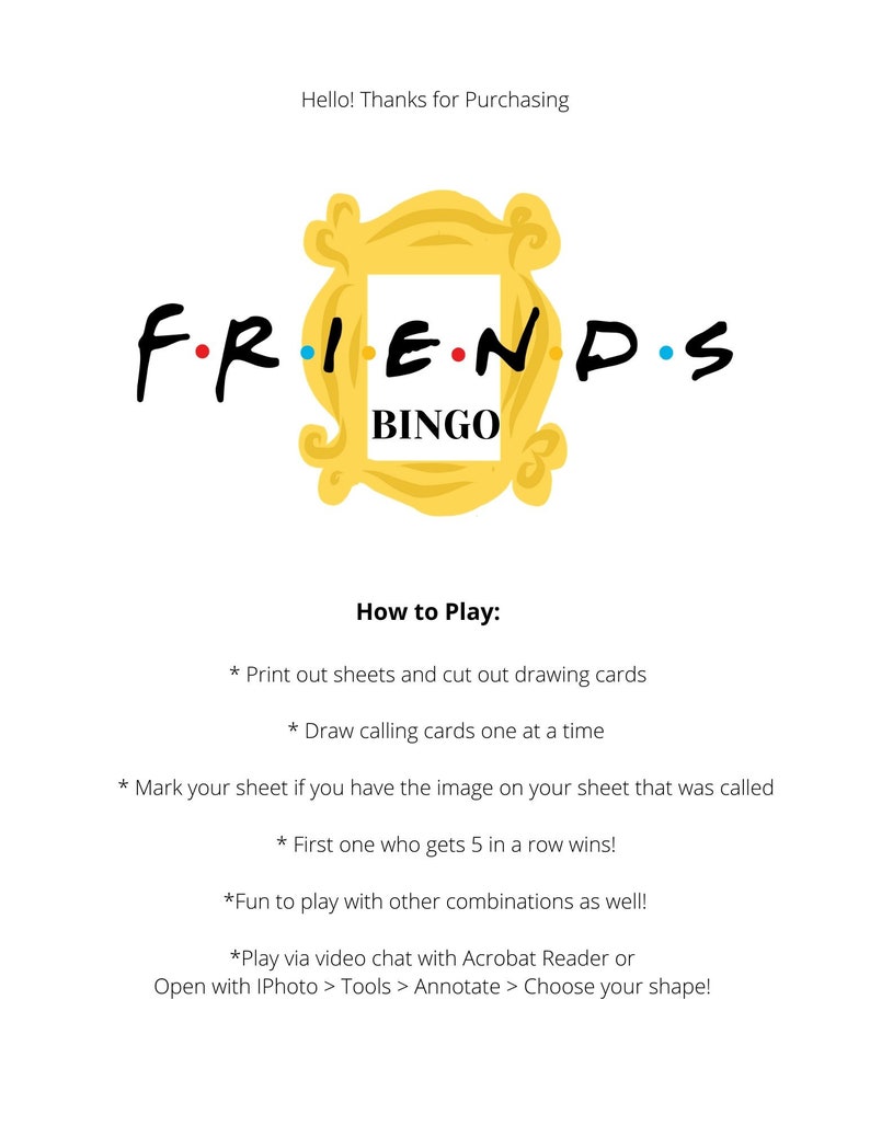 Friends Bingo Set | Virtual Call and Printable Game - Etsy