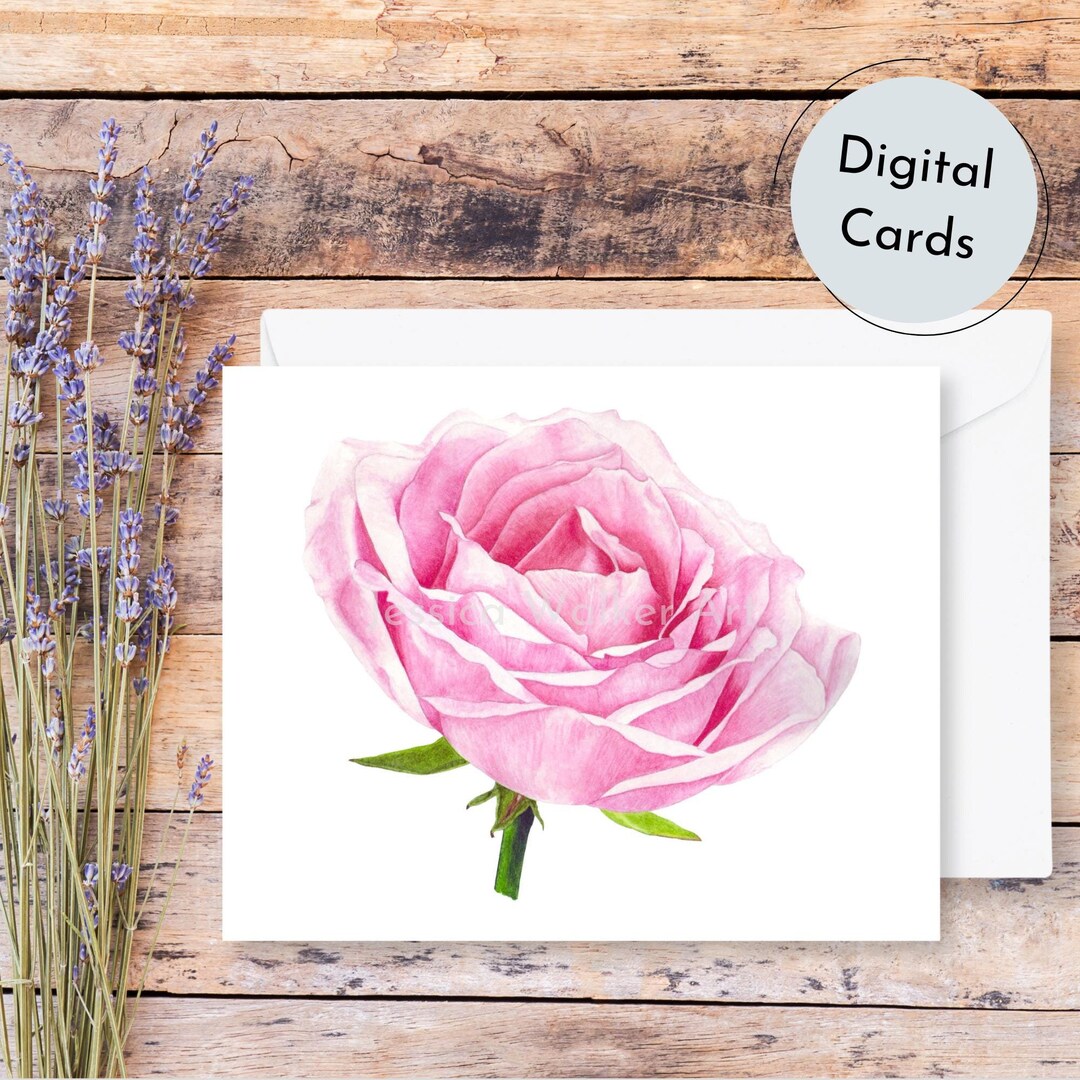 Printable Watercolor Pink Rose Greeting Card, Original Art, Floral ...