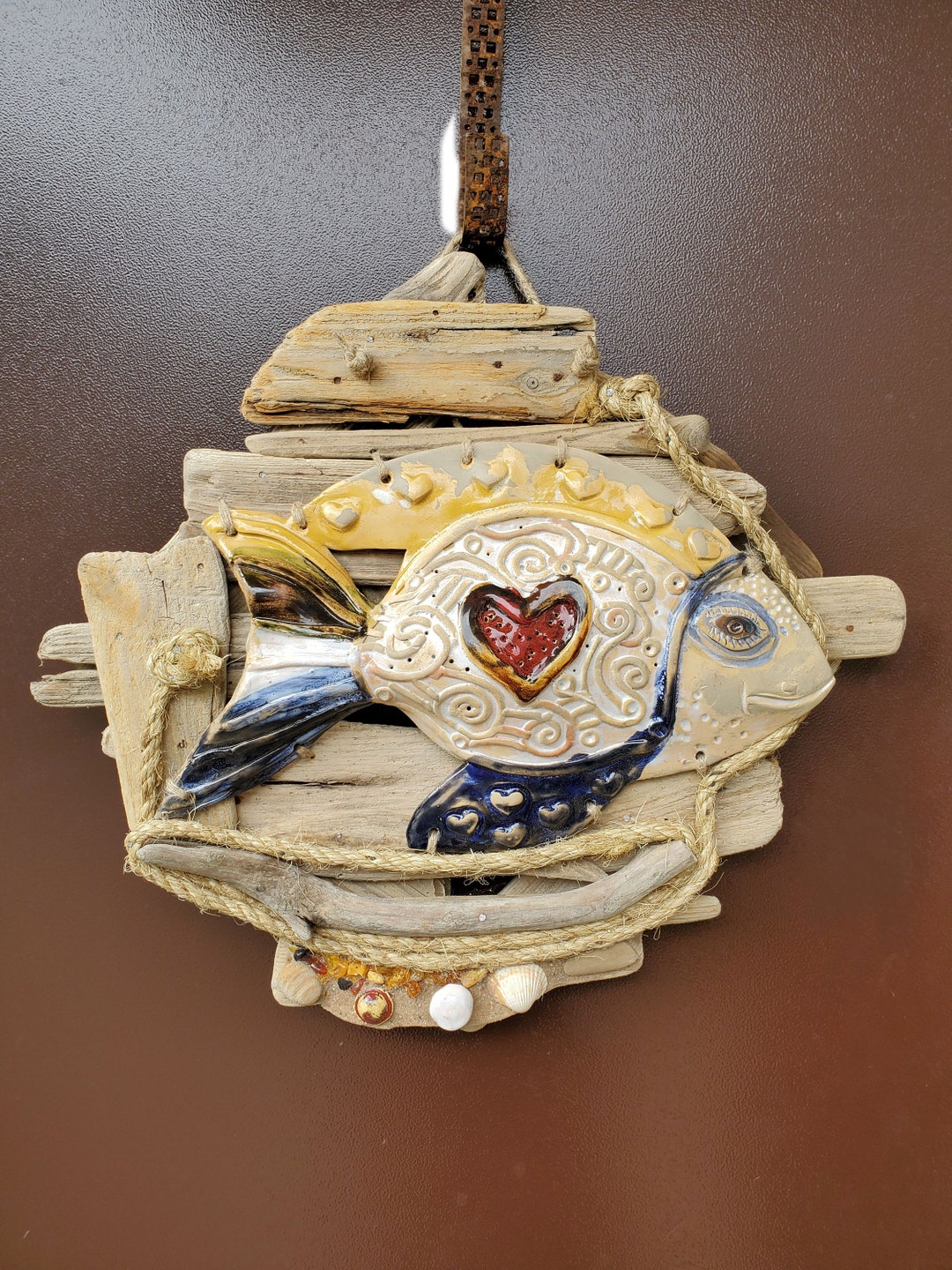 Sustainable Art Clay and Drift Wood Artwork "i (heart) Fish" - Etsy