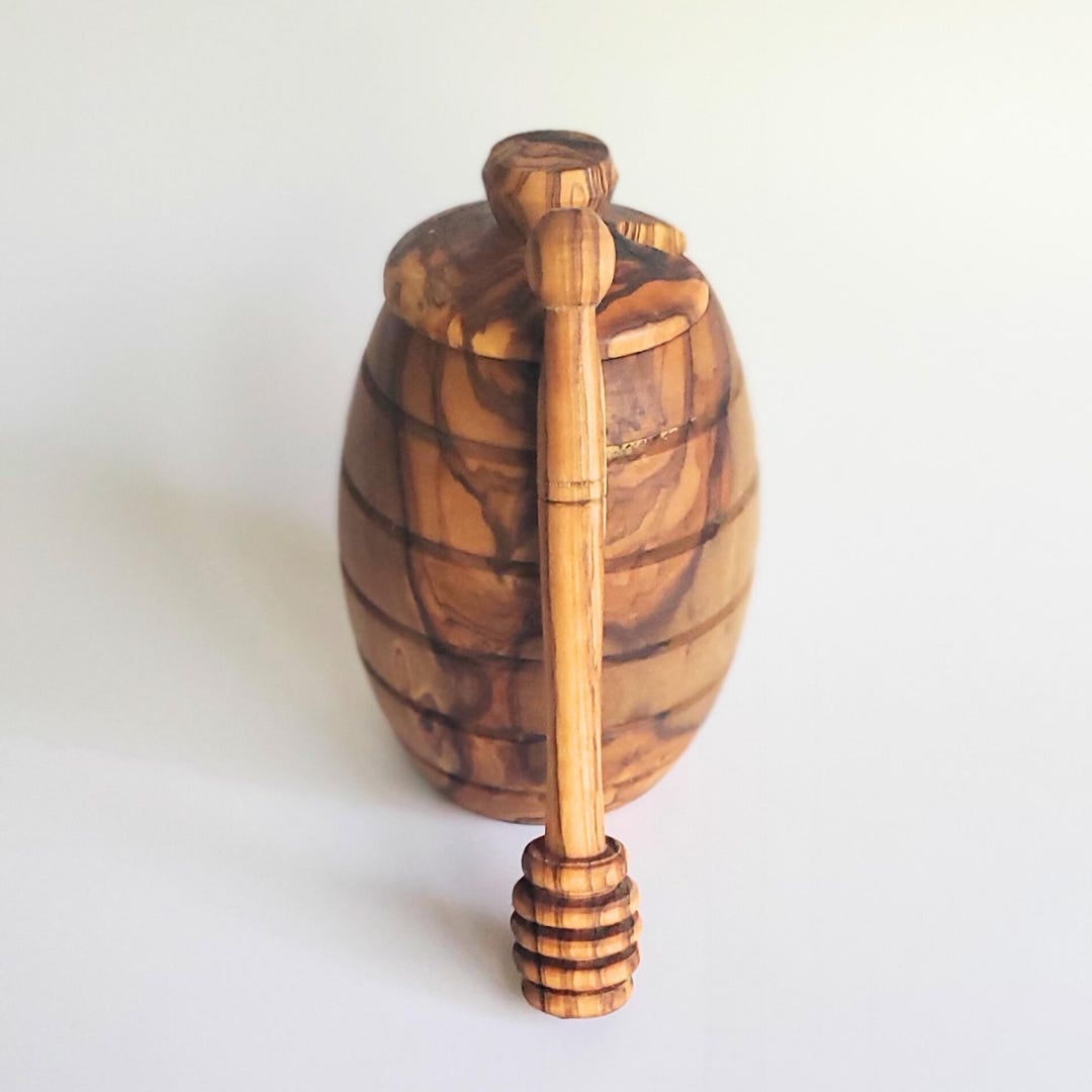HONEY JAR & DIPPER Olive Wood Honey Pot Stylish Container for Storing ...