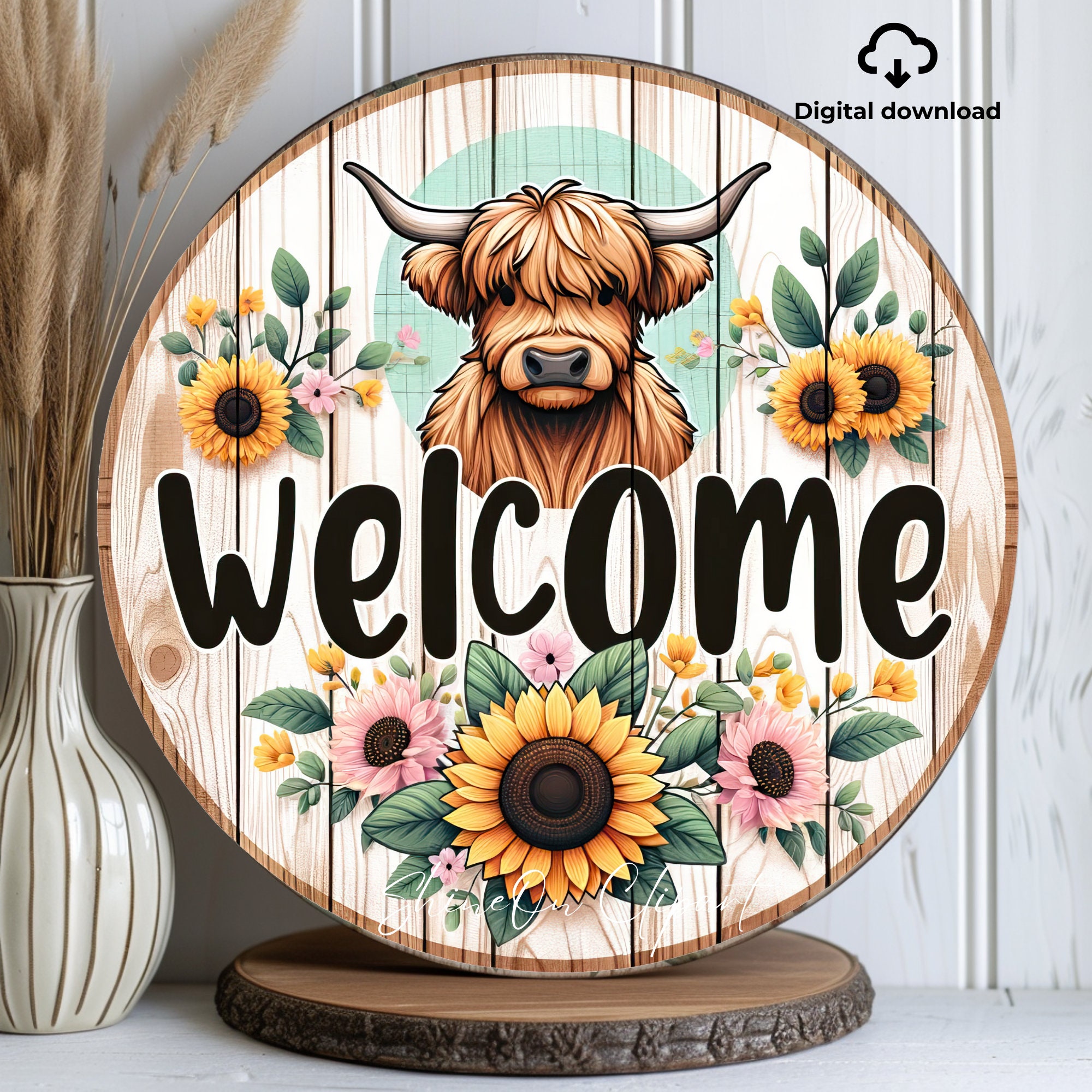 Highland Cow and Sunflower Wreath Sign, Highland Cow With Sunflower ...