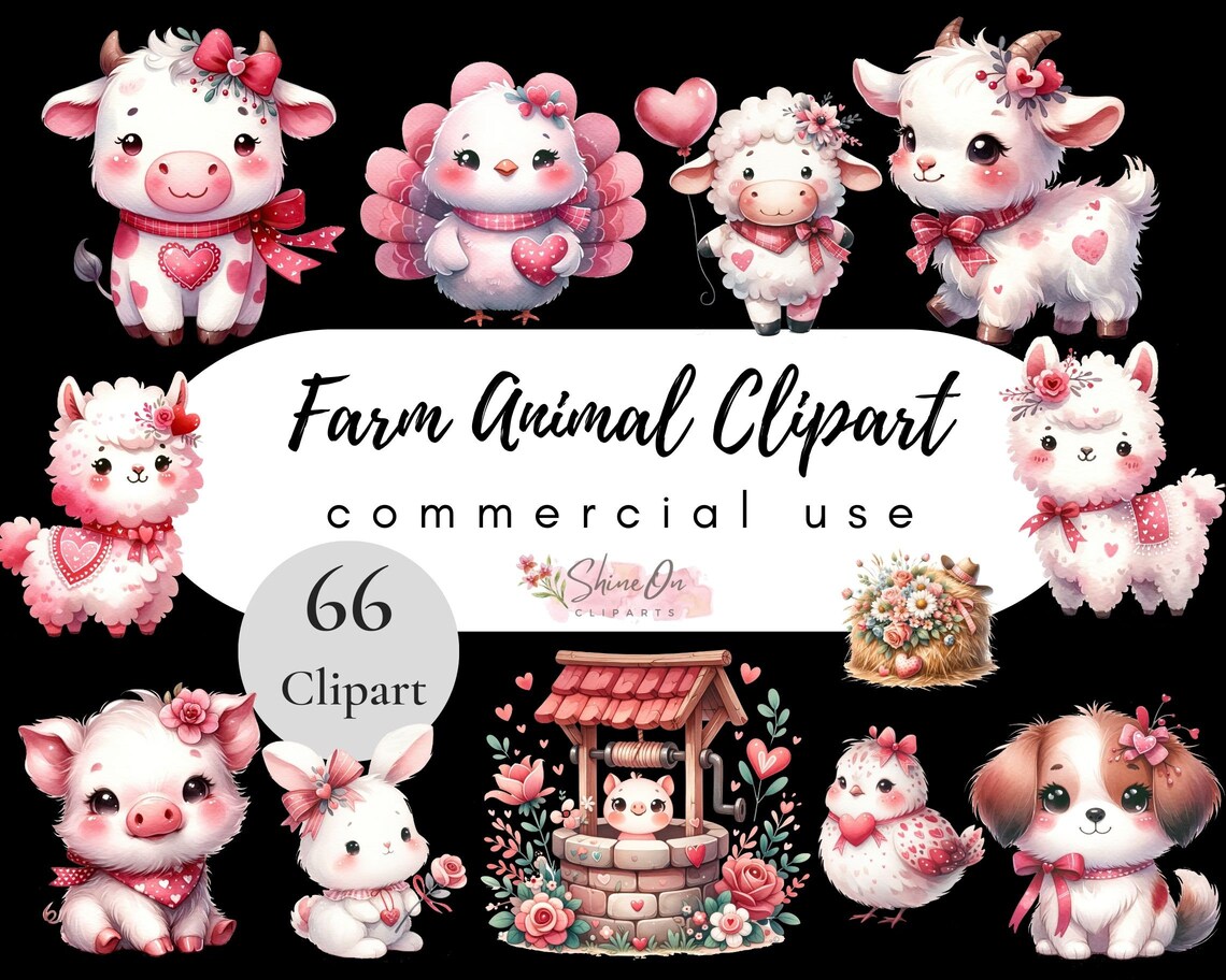 Valentine Farm Animals Clipart, Farmhouse Clipart, Baby Animals ...