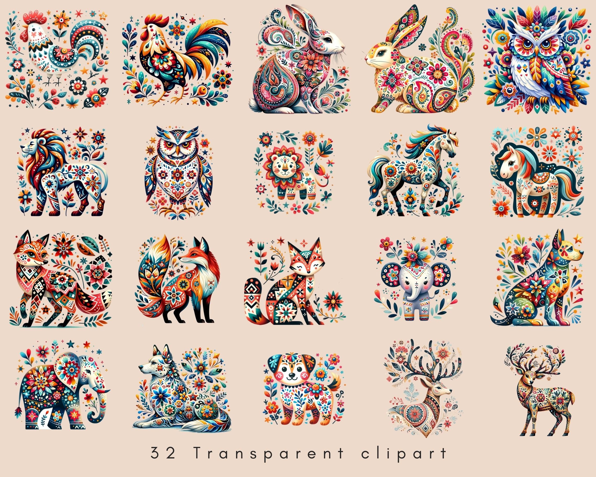 Folk Art Animal Clipart, Scandinavian Folk Art Clipart, Folk Clipart ...