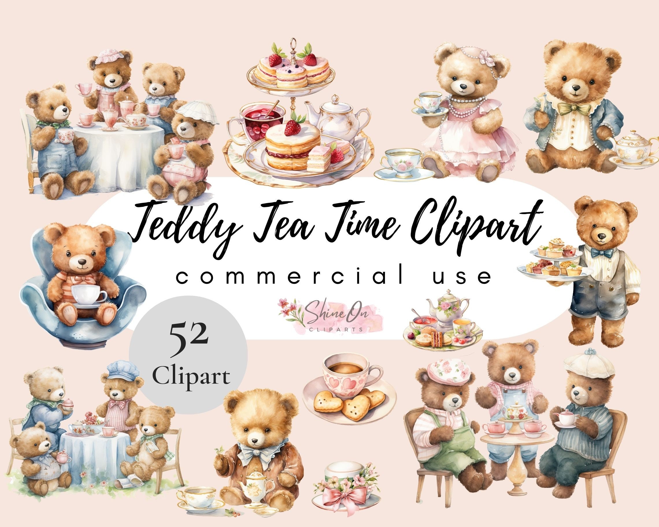 Teddy Afternoon Tea Clipart, High Tea Watercolor Clipart, Girls Tea ...