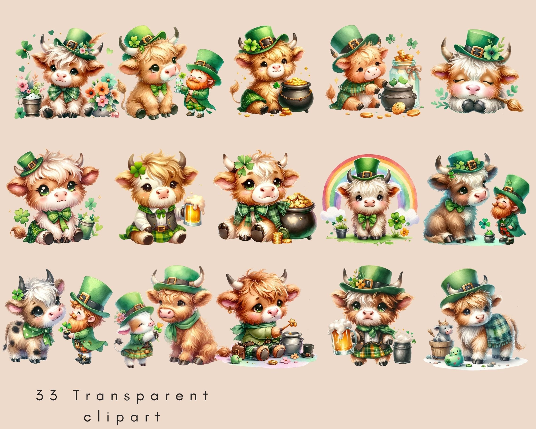 St Patricks Highland Cow Clipart, St Patrick Baby Highland Cow Clipart ...