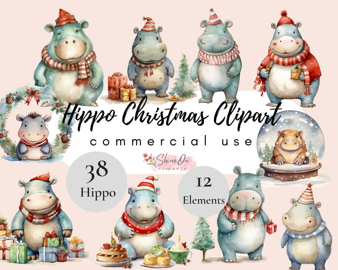 Christmas Hippo Clipart, Christmas Hippo Png, Sublimation Design, Baby ...