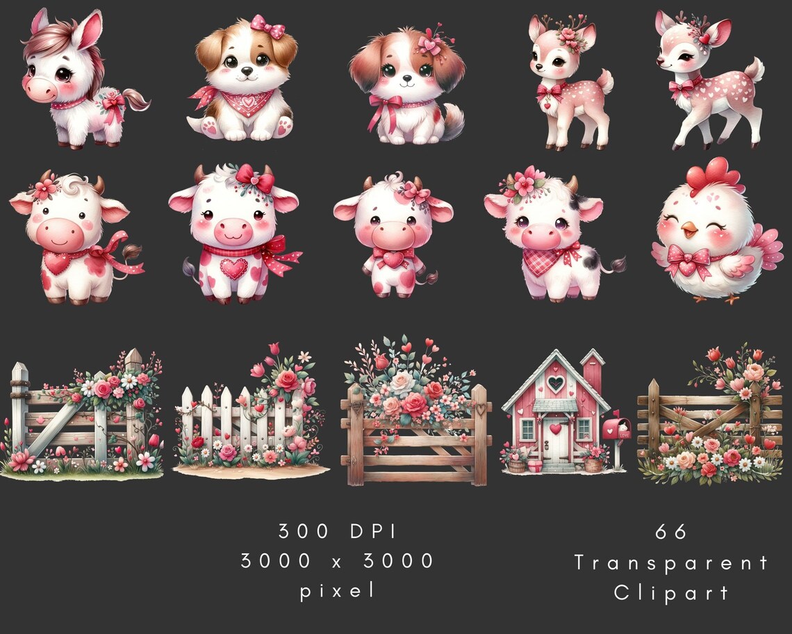 Valentine Farm Animals Clipart, Farmhouse Clipart, Baby Animals ...