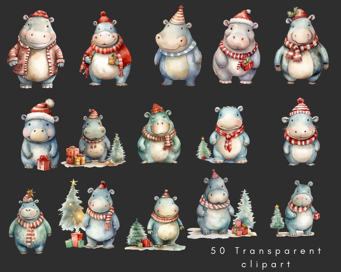 Christmas Hippo Clipart, Christmas Hippo Png, Sublimation Design, Baby ...