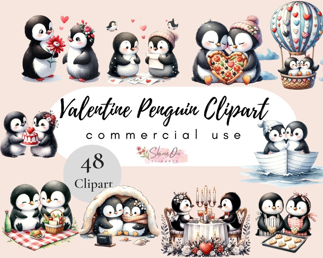 Valentine Penguin Clipart, Penguin Clipart Watercolor, Valentine Day ...