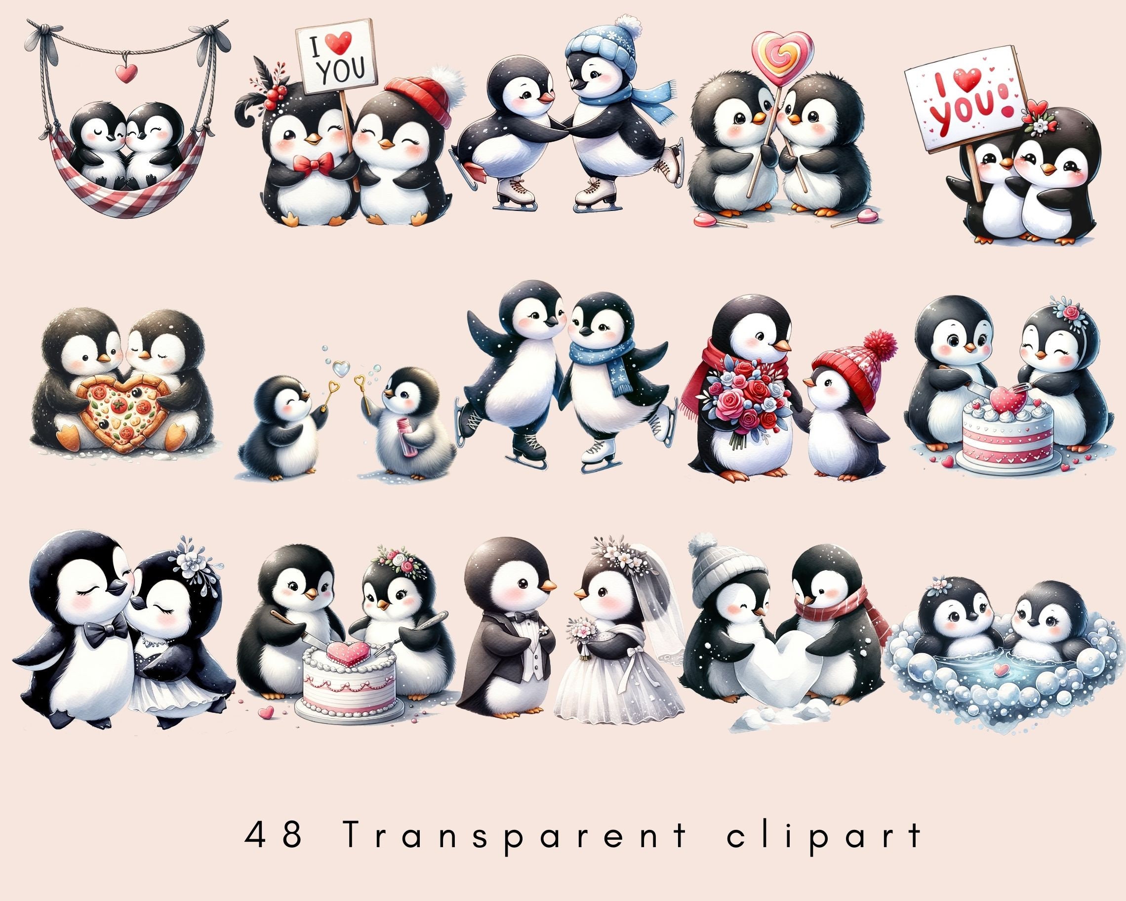 Valentine Penguin Clipart, Penguin Clipart Watercolor, Valentine Day ...