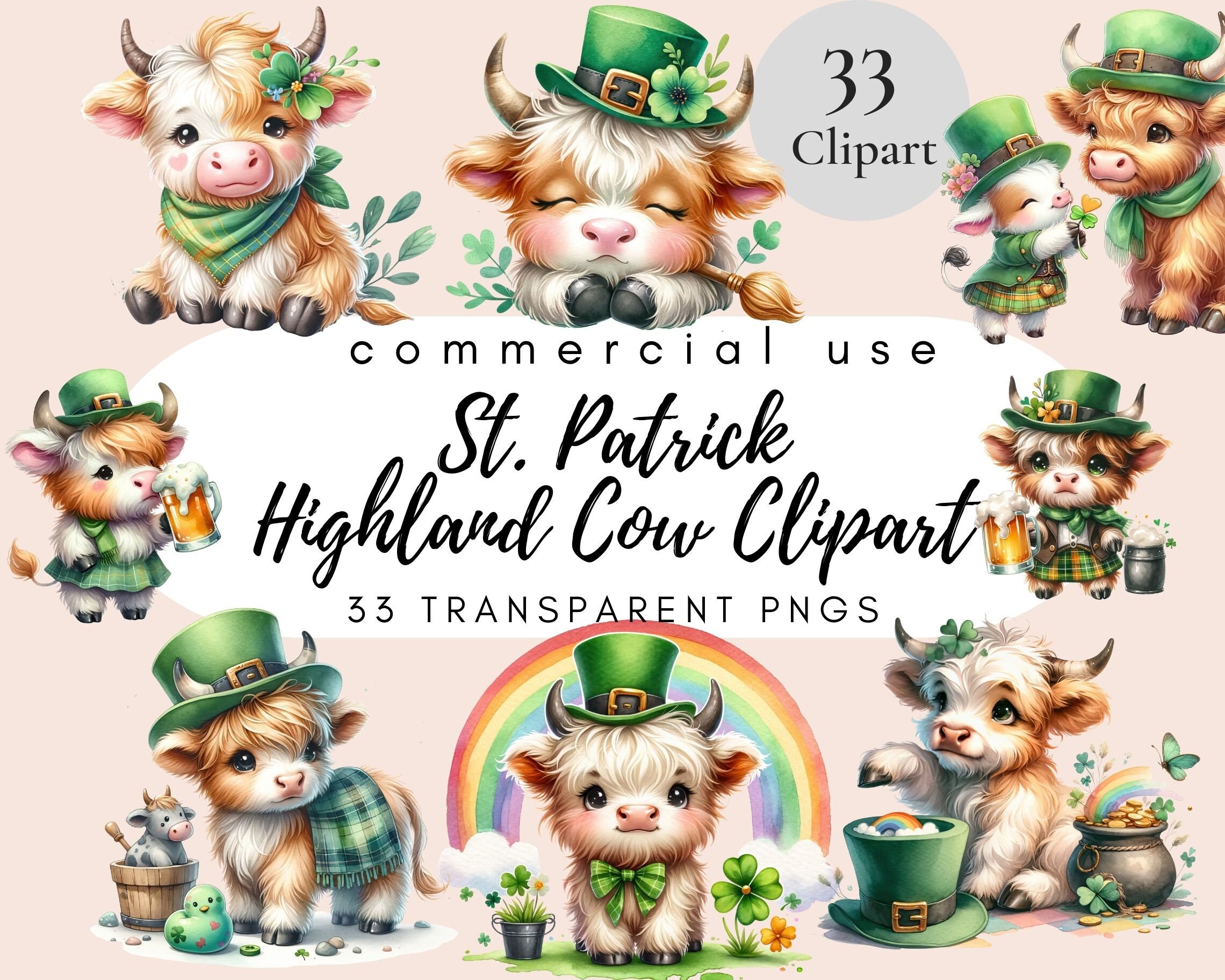 St Patricks Highland Cow Clipart, St Patrick Baby Highland Cow Clipart ...