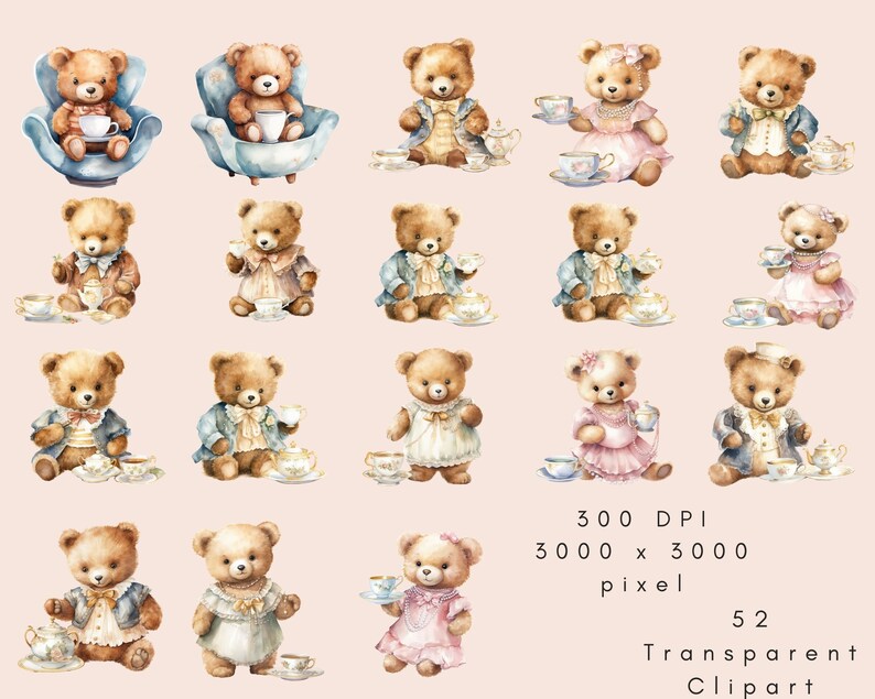Teddy Afternoon Tea Clipart, High Tea Watercolor Clipart, Girls Tea ...