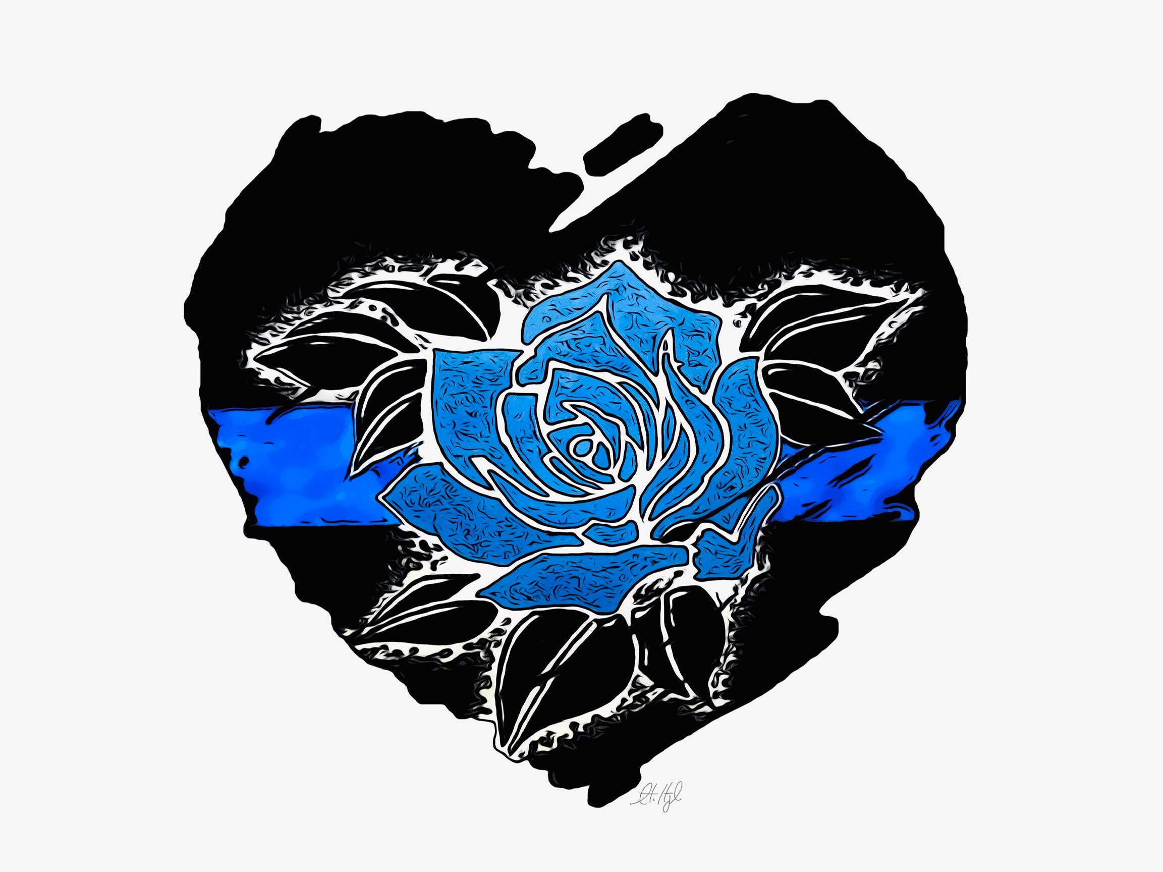 Thin Blue Line Rose in Heart Glass Artwork 11x14 / Picture | Etsy