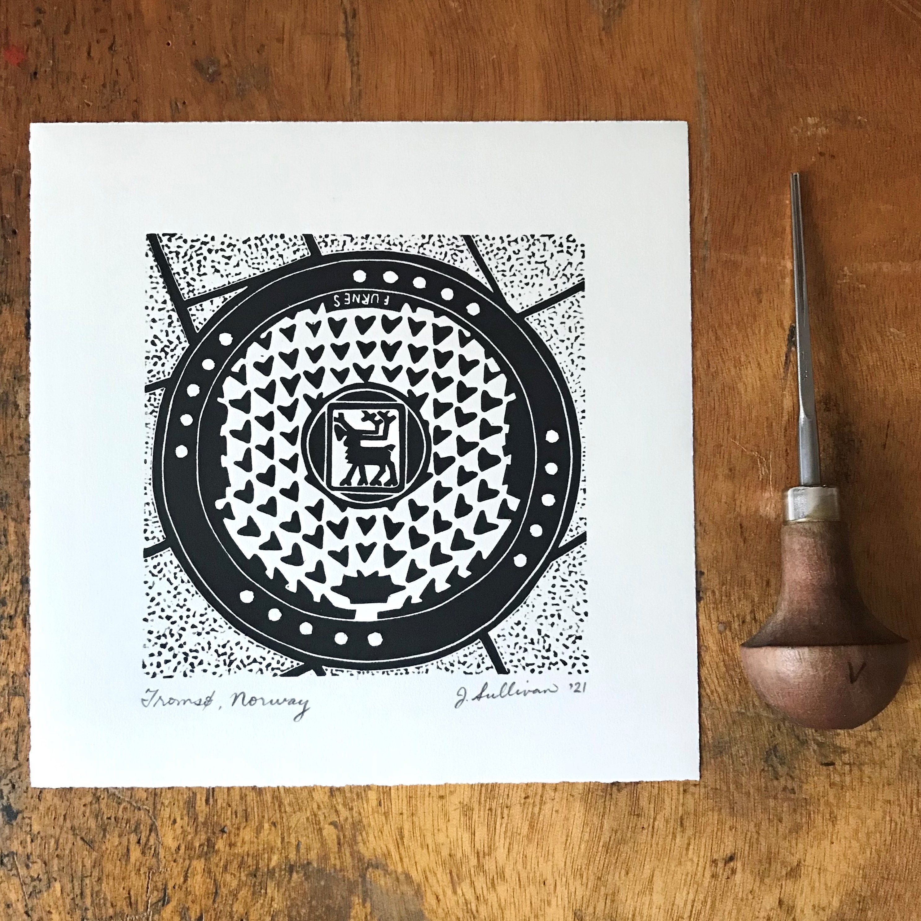 6x6 Tromso Norway Reindeer Manhole Cover Coat of Arms Linocut Relief ...