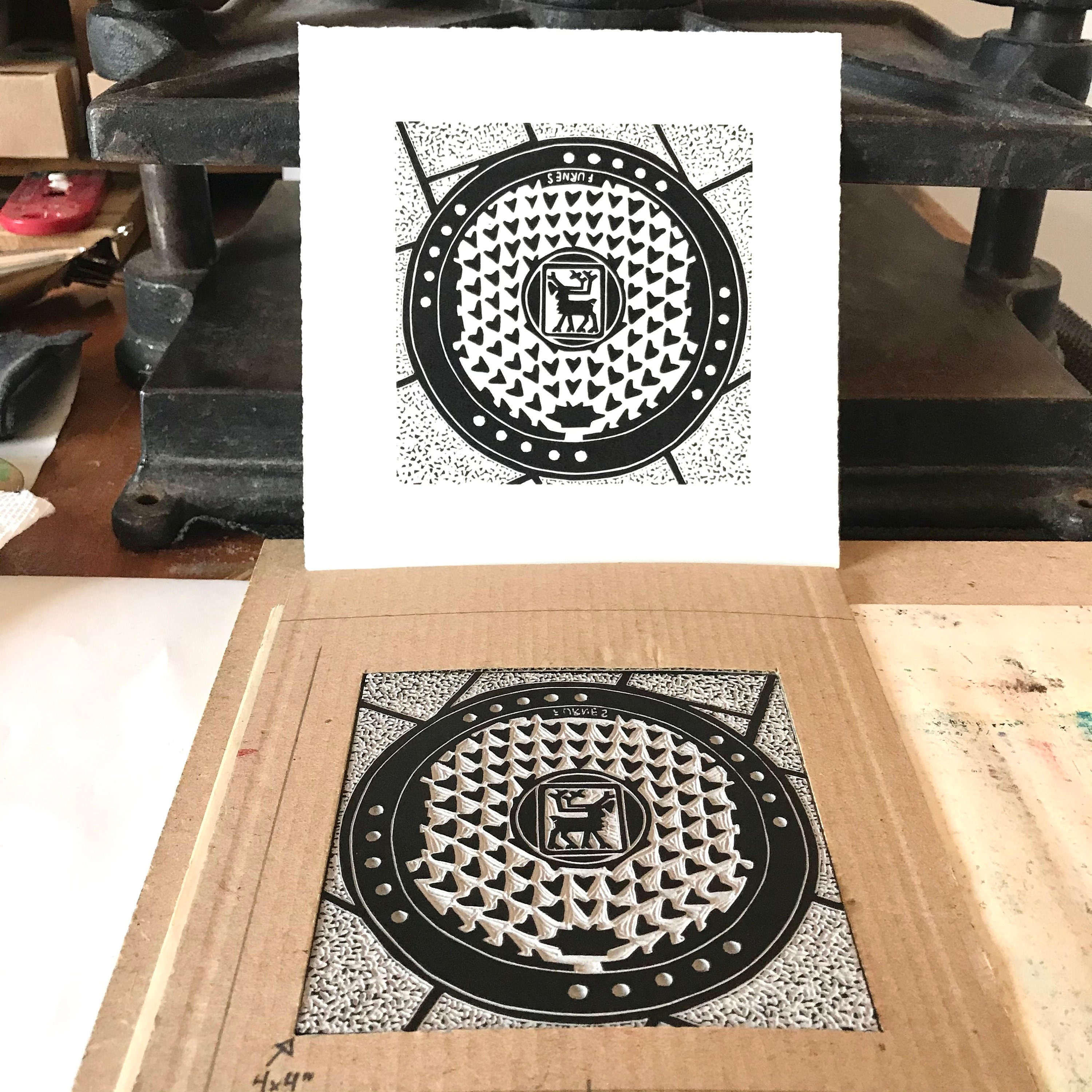 6x6 Tromso Norway Reindeer Manhole Cover Coat of Arms Linocut Relief ...