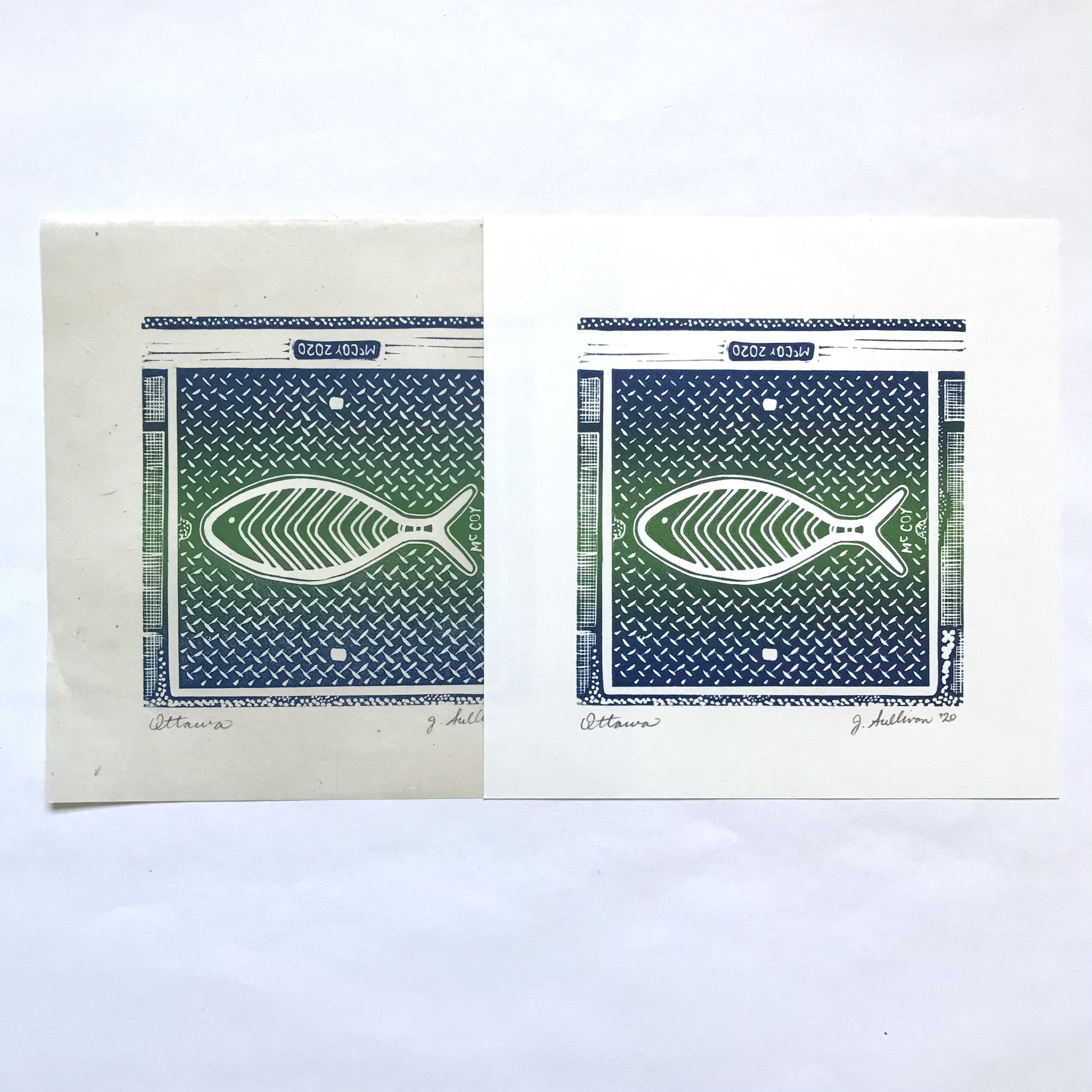 6x6 Ottawa Canada Swimming Fish Manhole Cover Linocut Relief - Etsy