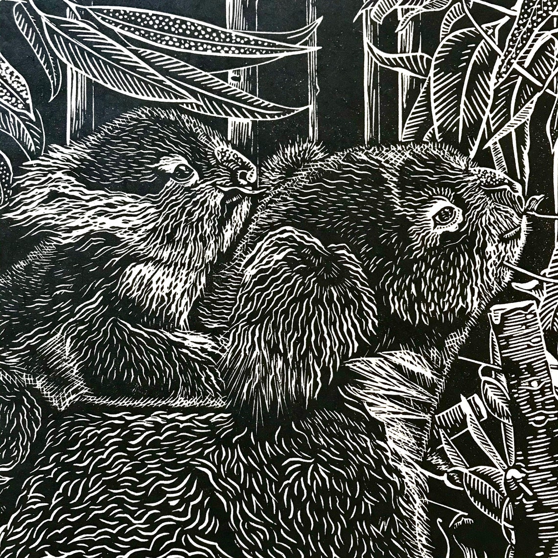 Koala love hand printed linocut black art print 8x10 hand | Etsy