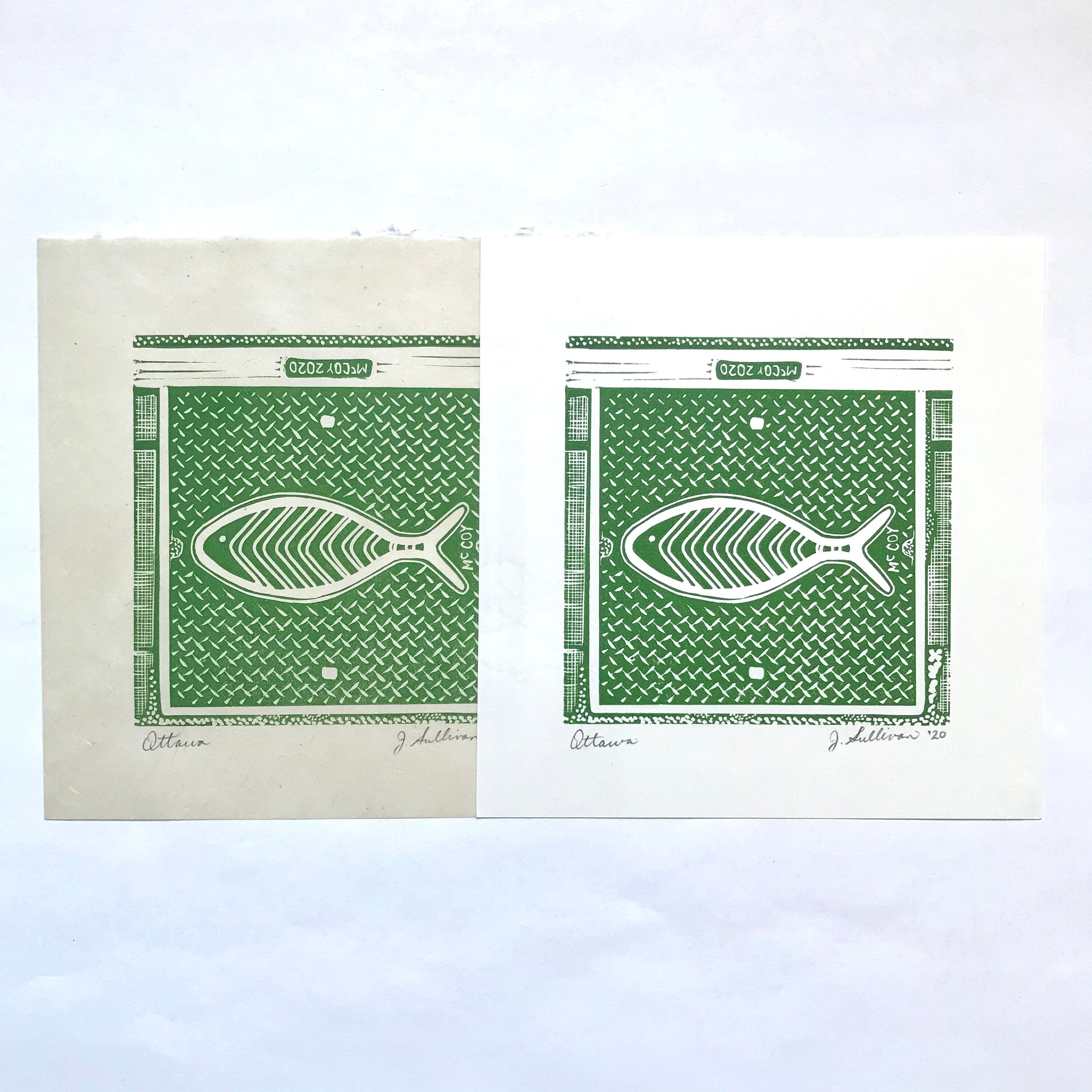 6x6 Ottawa Canada Swimming Fish Manhole Cover Linocut Relief - Etsy