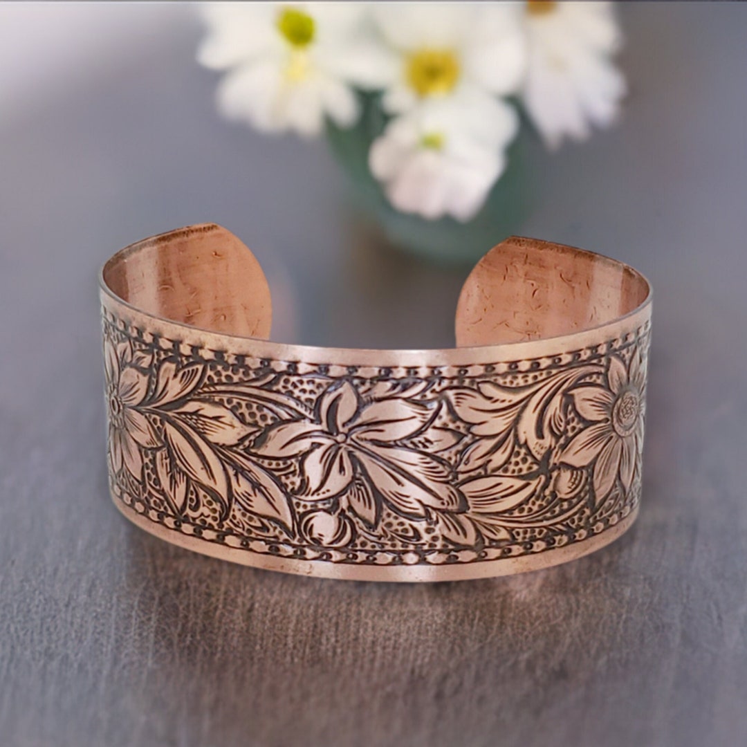 Solid COPPER Cuff With Embossed Daisy Design, Pure Copper Jewelry ...