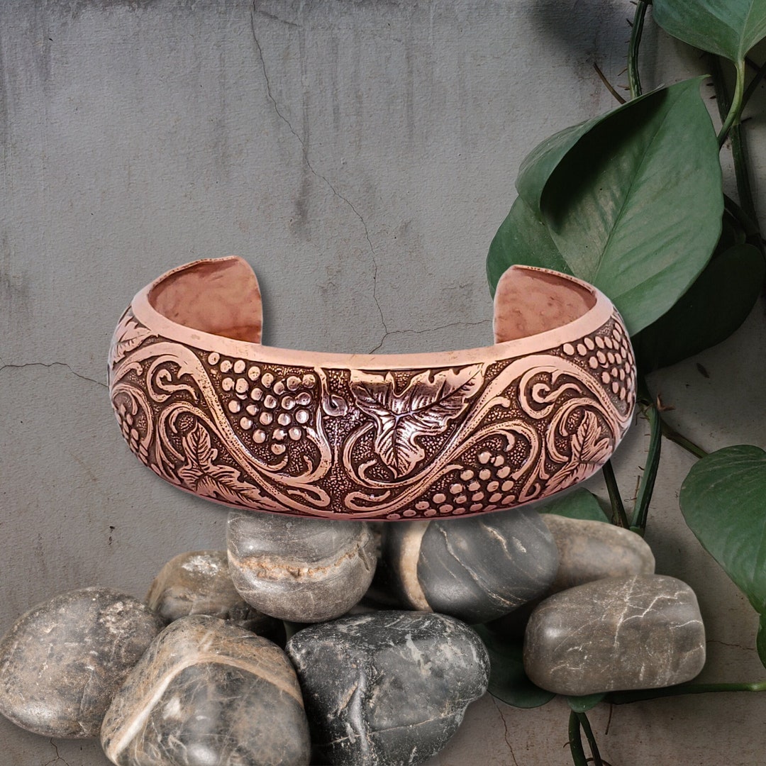 Solid Copper Domed Cuff Bracelet With Grape Leaves Design, Pure COPPER ...