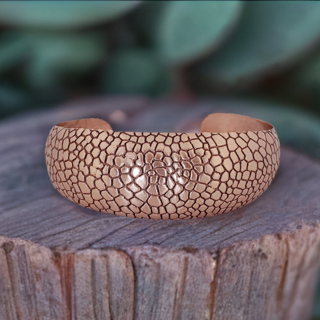 Etched Snakeskin Design Domed Copper Cuff Bracelet, Solid Copper Etched ...