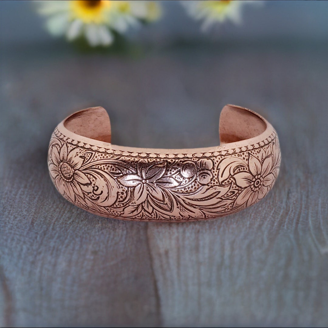 Solid Copper Domed Cuff With Etched Flower Design, Pure Copper Jewelry ...