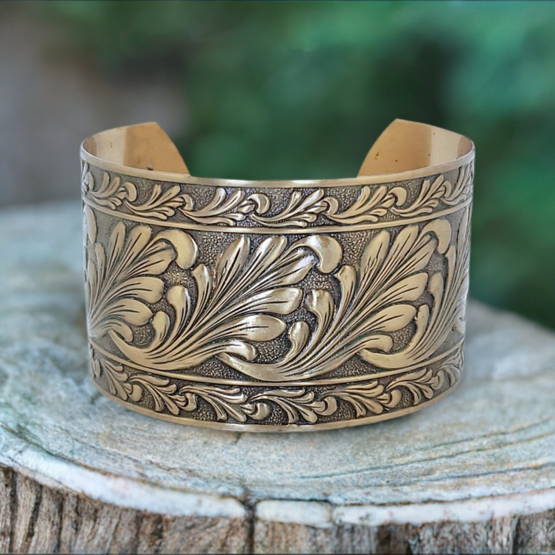 Antiqued Brass Cuff Bracelet: Embossed Scroll Design, Adjustable - Etsy