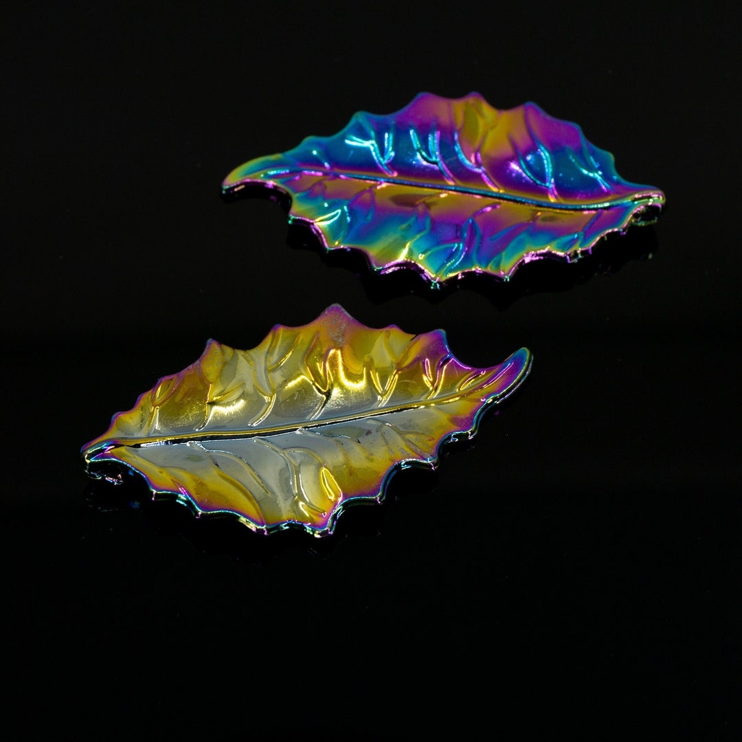 Rainbow Iridescent Leaf Pendant: Titanium Plated Metal, Large Etched ...