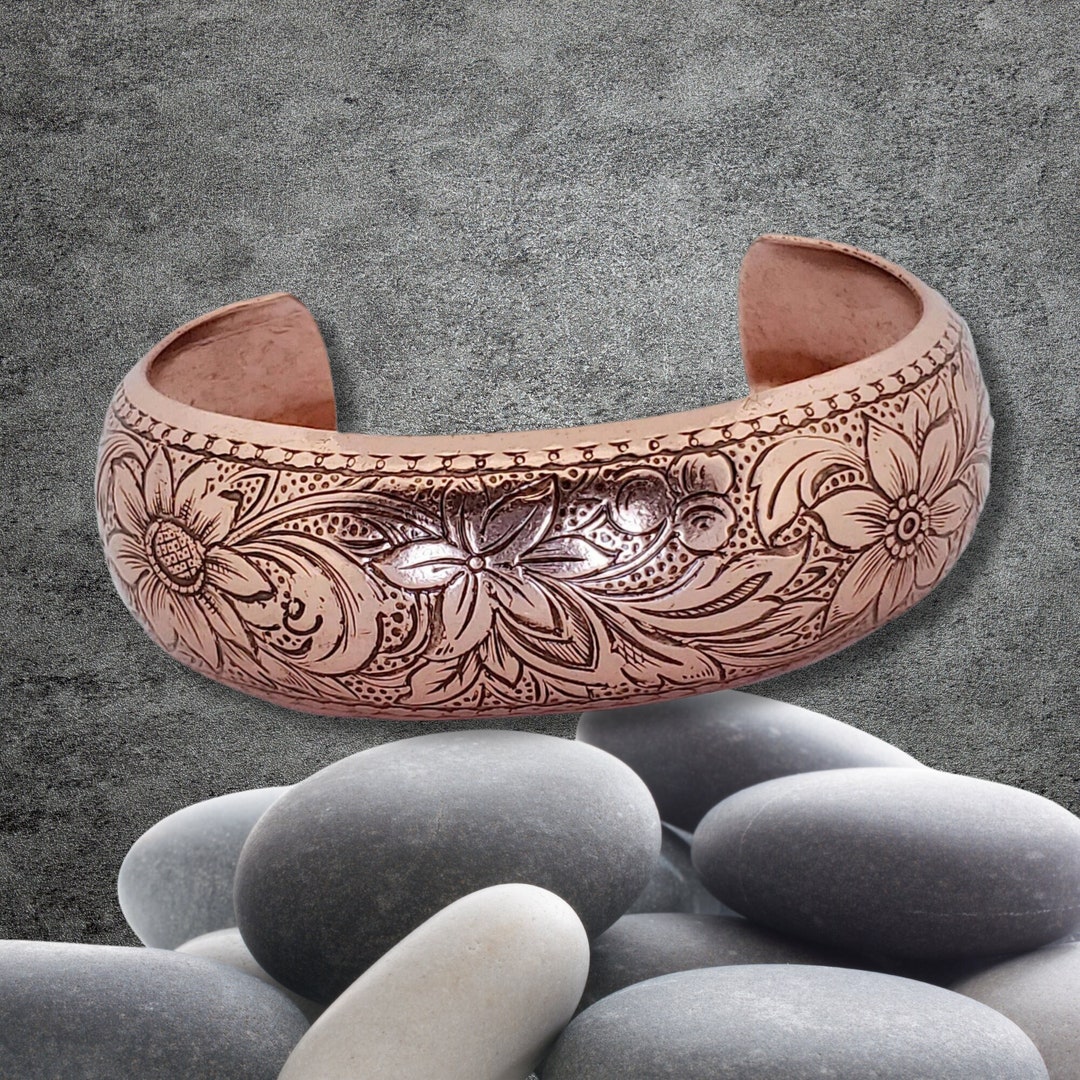 Solid Copper Domed Cuff With Etched Flower Design Pure Copper - Etsy UK