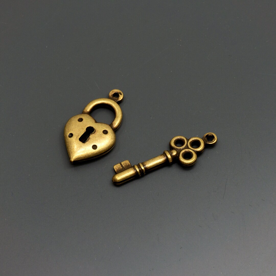 1 Set Heart & Key Charms, Key Lock Charms, Key Heart Charms, Gold Key ...