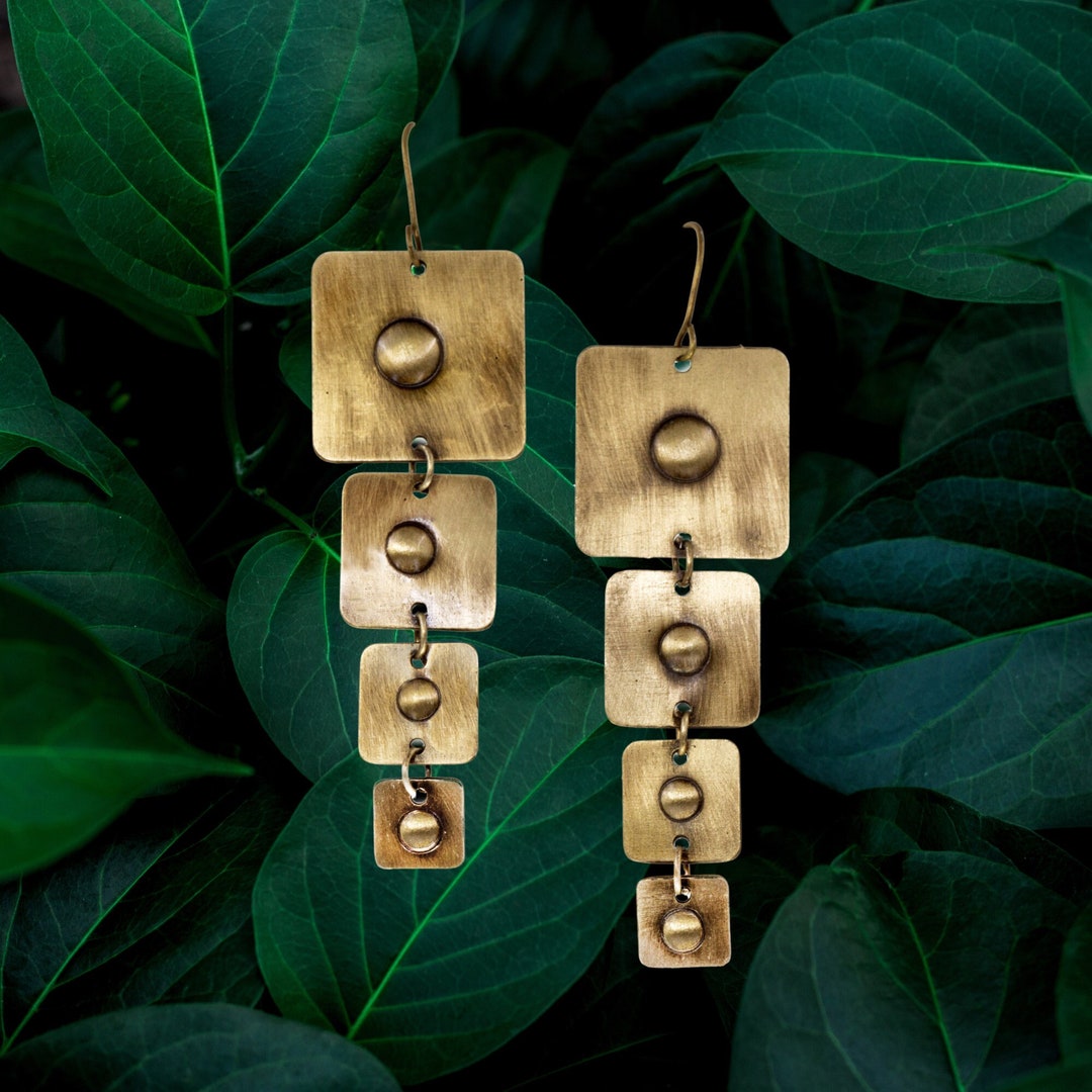 Handmade Brushed Brass Graduated Statement Earrings, Brass Geometric ...