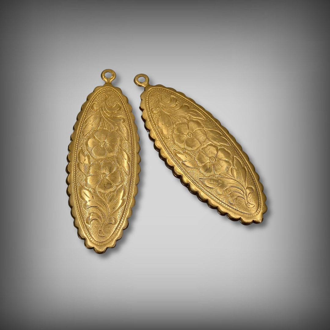 Floral Etched Raw Brass Earring Drops: Oblong Scalloped Connectors - Etsy