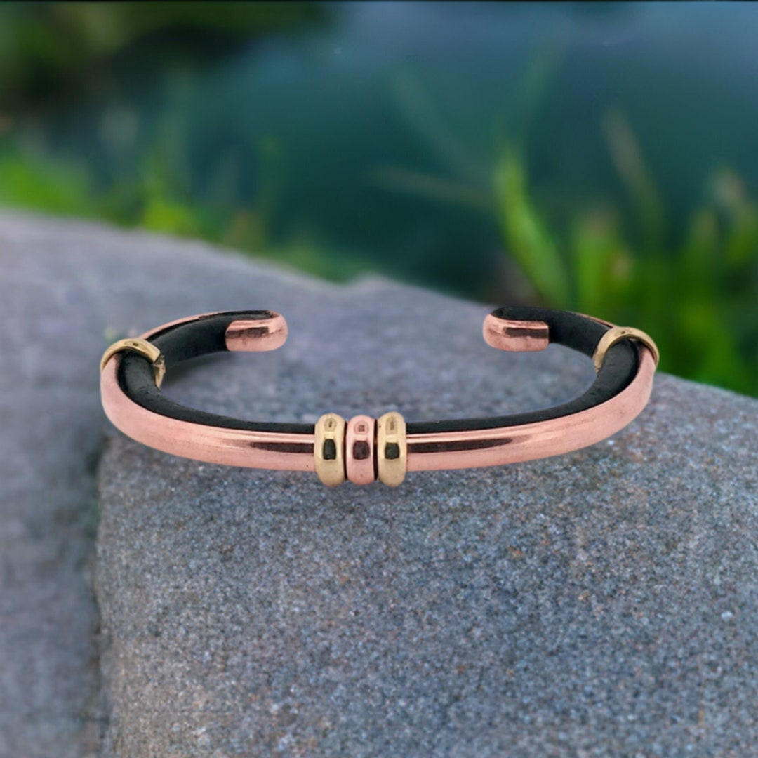 Leather and Copper Bracelet With Pure and Yellow Copper, Lightweight ...