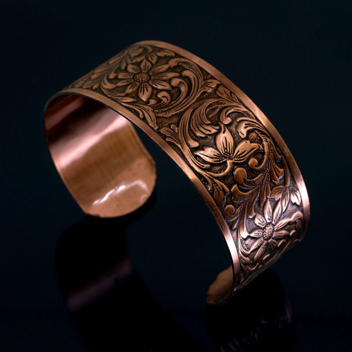 Embossed Copper Cuff Bracelet: Floral Design, Antiqued Solid Copper ...